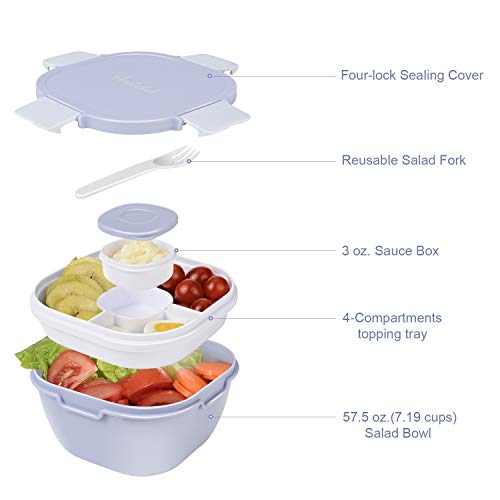 Upgraded Salad Bowl with Lid Leak-proof 57.5oz Stackable Salad Lunch Box with Larger Capacity Salad Mixing Bowl and 3-Compartment Bento-Style Topping Tray, Sauce Box,Cutlery, BPA FREE(powder blue)
