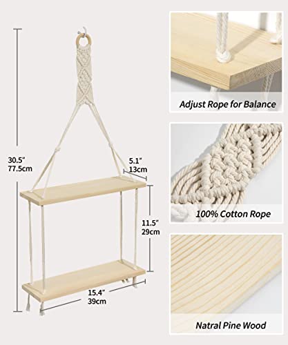 Afuly Macrame Hanging Shelves Wall Floating Shelf Natural Wood Chic Boho Decor 2 Tiers Pine Wood Cotton Rope Beige for Bedroom Bathroom Living Room Decor Ready to Hang, Beige