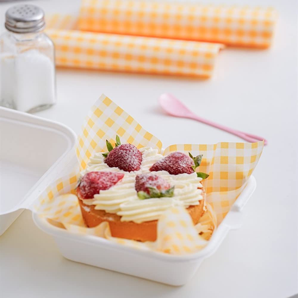 100Pcs Wax Paper Sheets for Food, Basket Liners Food Picnic Paper Sheets Greaseproof Deli Wrapping Sheets, 7 x 7 Inch (Yellow Checke)