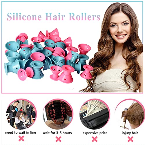 40 Pcs Magic Hair Rollers, Smilco Silicone Hair Curlers Set Including 20 Large and 20 Small for Women Girls (Pink&Blue)
