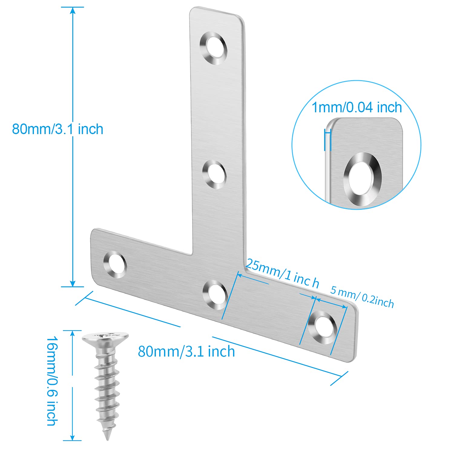 12 Pieces Stainless Steel T Brackets (3.1 x 3.1 inch,80 x 80 mm) Flat Corner Braces, Corner Brackets Joint Right Angle Bracket Mending Repair Plate, 65 Pieces Screws Included