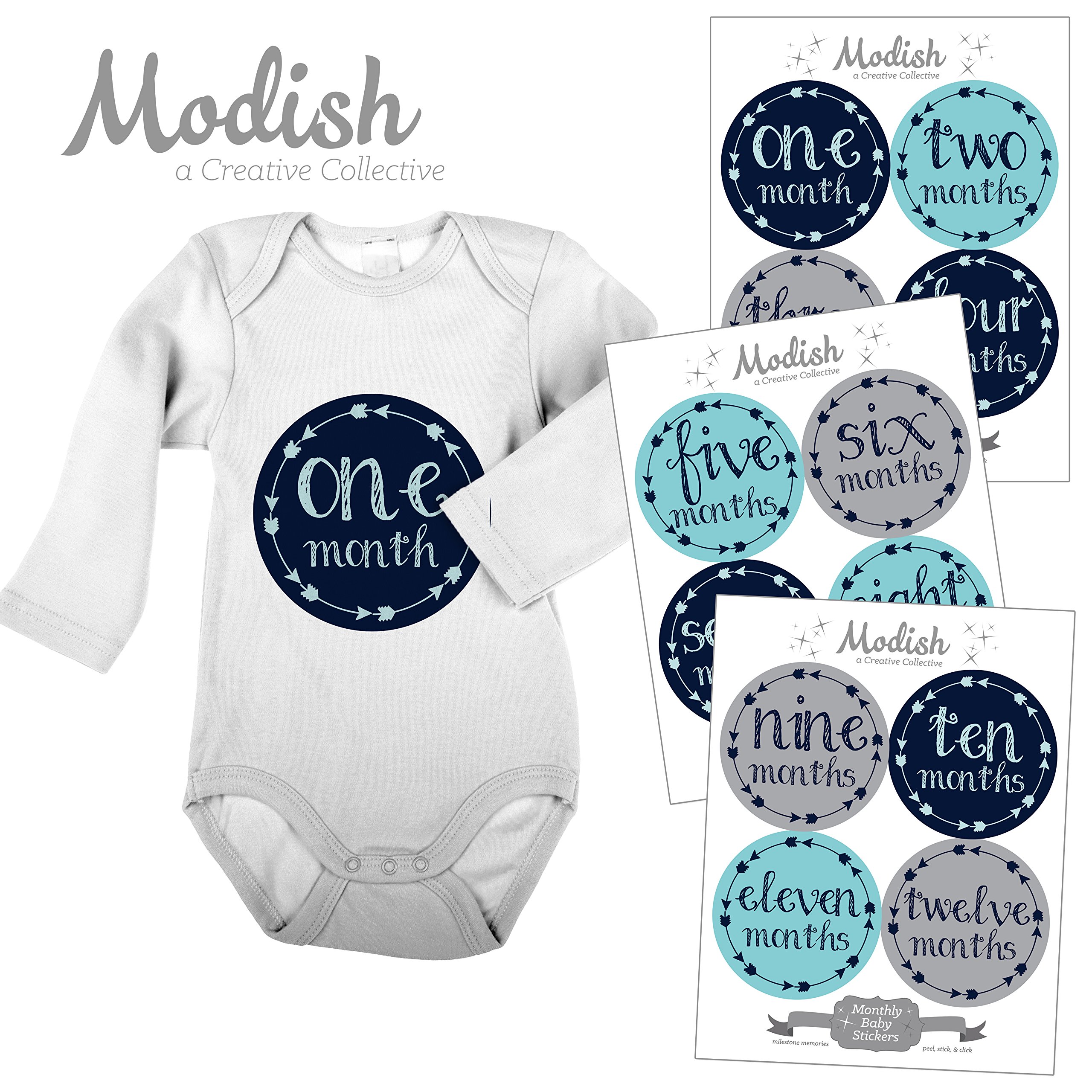 12 Monthly Baby Stickers, Baby Boy, Baby Belly Stickers, Baby Month Stickers, First Year Stickers Months 1-12, Arrows, Tribal, Navy, Blue, Teal, Aqua, Gray, Grey, Boy