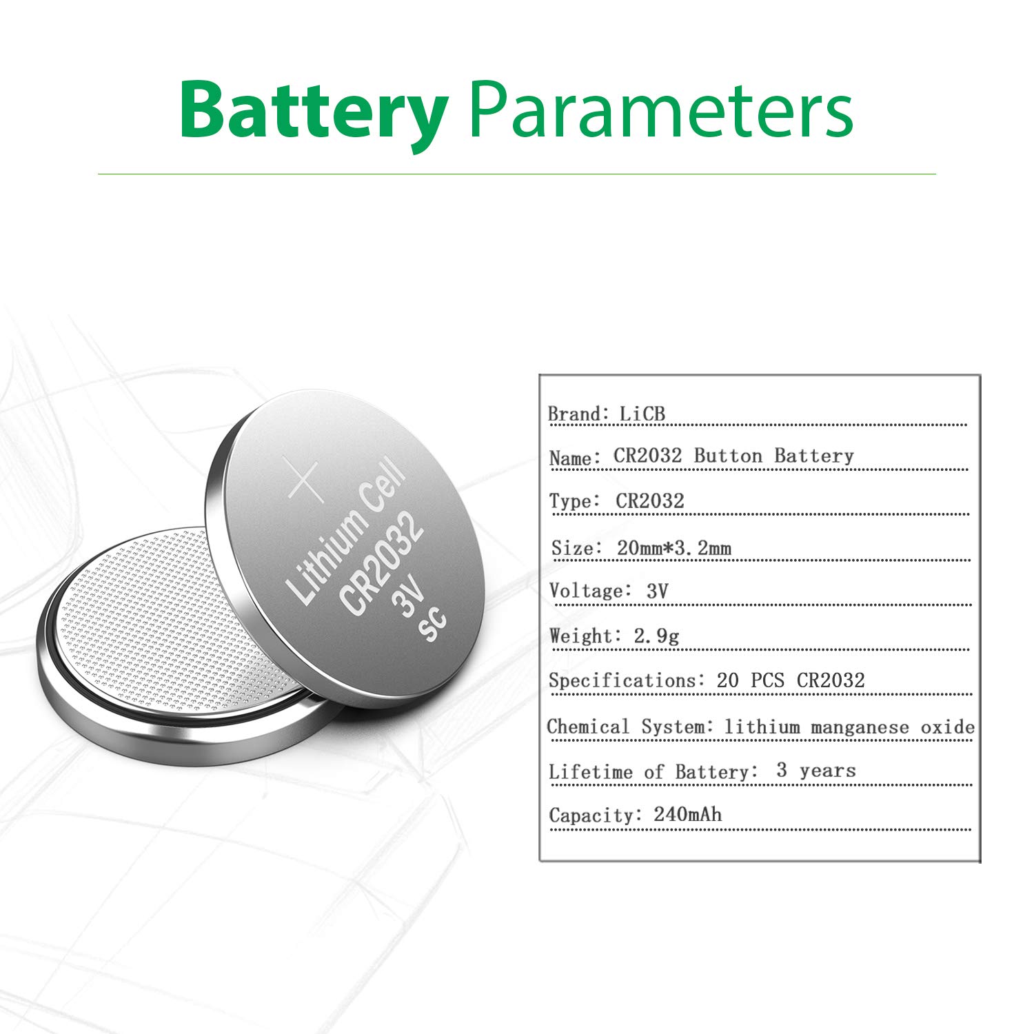 LiCB CR2032 Battery,Long-Lasting & High Capacity CR 2032 3V Coin & Button Cell Lithium Batteries with Adaptive Power and Superior Safety (20-Pack)