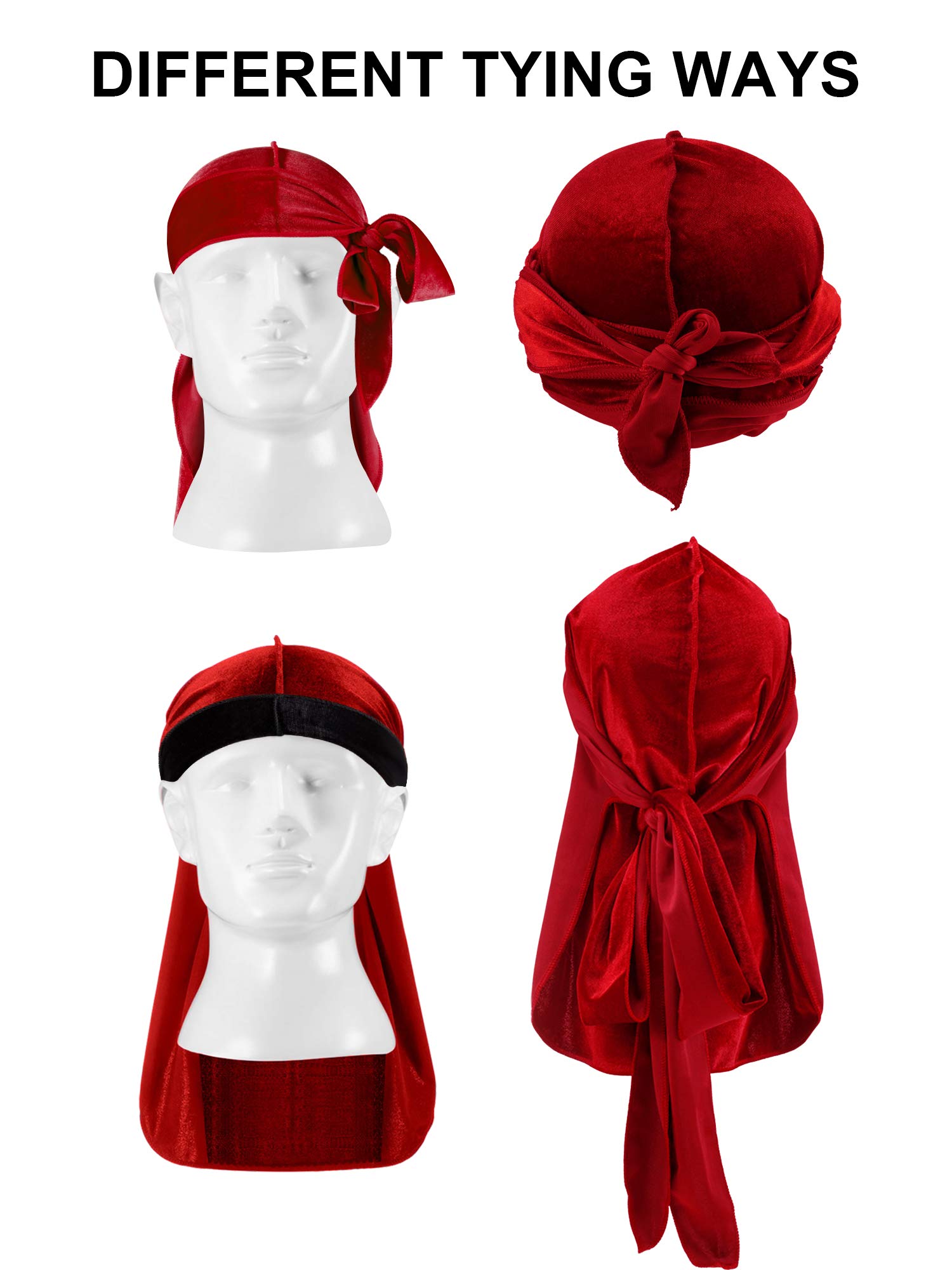12 Pieces Velvet Durags Caps Wide Strap Headwraps Long Tail Turban Beanies for 360 Wave Men Women (Multicoloured)