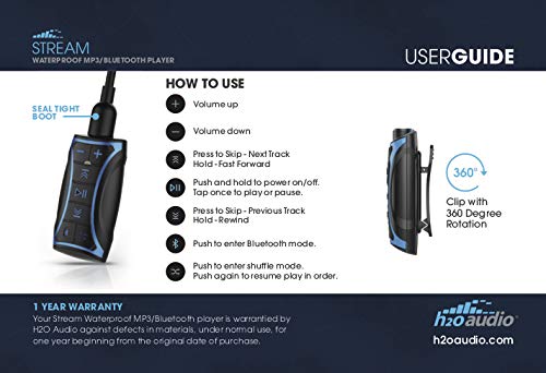 100% Waterproof Stream MP3 Music Player with Bluetooth and Underwater Headphones for Swimming Laps, Watersports, Normal Cord, 8GB – by H2O Audio