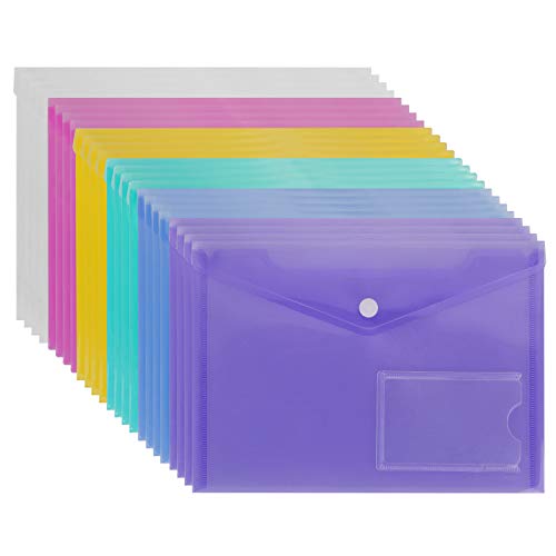 24 Pack A5 Poly Envelope Folder with Snap Button, CertBuy Clear Waterproof Plastic Document Envelope Premium Quality Envelopes Folder for School,Home, Work, and Office Organization, 6 Assorted Colors