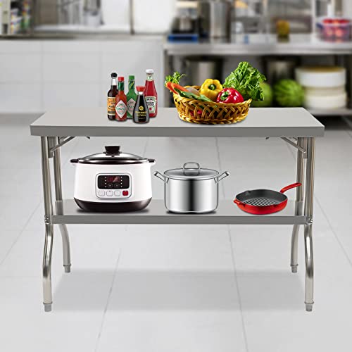 2-Layer Stainless Steel Table Metal Work Table for Kitchen Prep Utility Commercial Worktable Workstation 48 * 24 * 33.5 Inch Folding Commercial Prep Table, Heavy-Duty Stainless Steel Folding Table