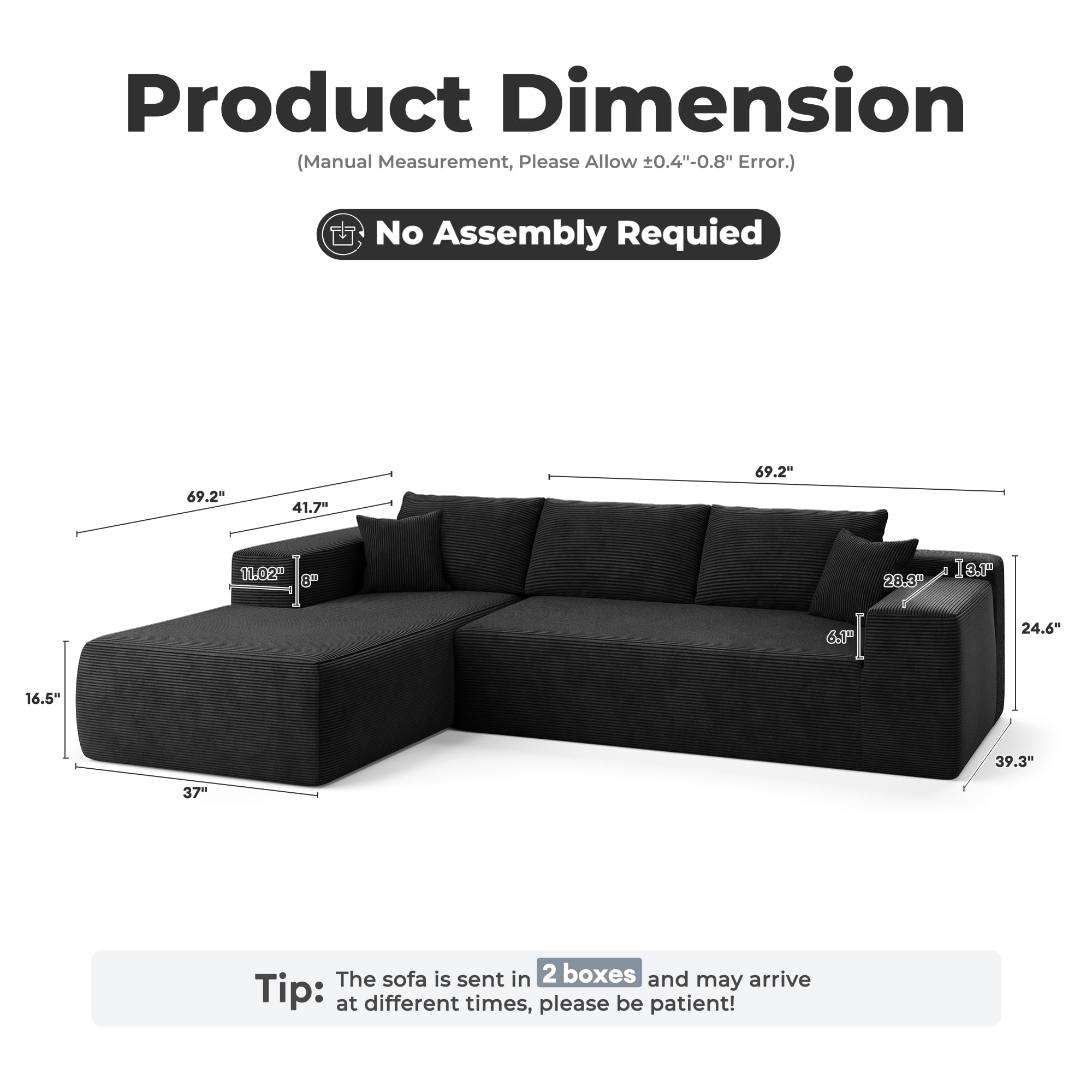 104" Cloud Sectional Couch with Comfy Chaise, No Assembly Required L Shape Sofa with Deep Seat, Minimalist Modular Couches Sleeper for Living Room (Black (Corduroy Fabric), Left Facing Chaise)