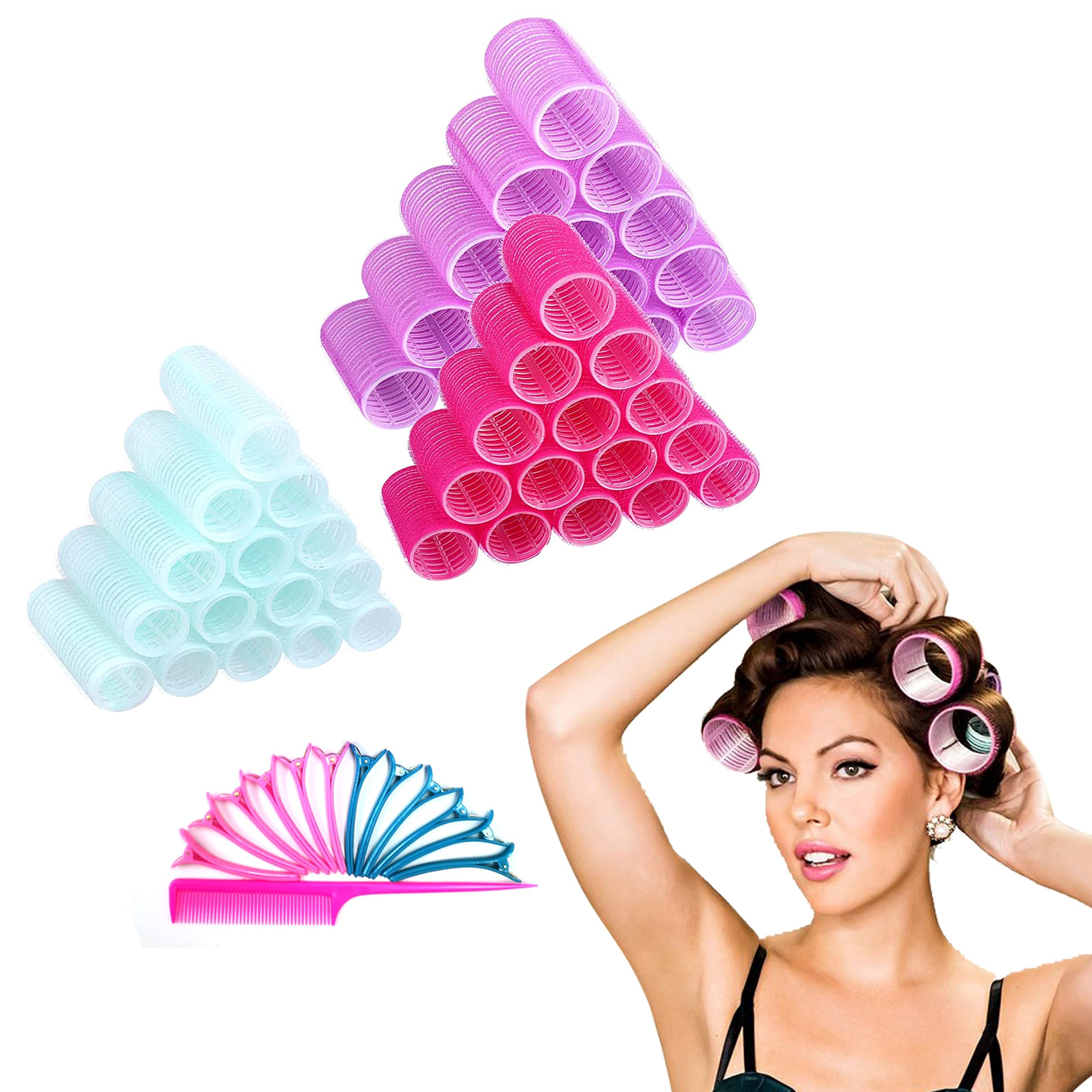 49 Pack of Large Hair Rollers - Easy to Use - 12 Clips and 1 Comb Included - Heatless Hair Curlers No Heat are Great for All Hair Types/Lengths - Less Damage No Heat Curlers Hair Roller