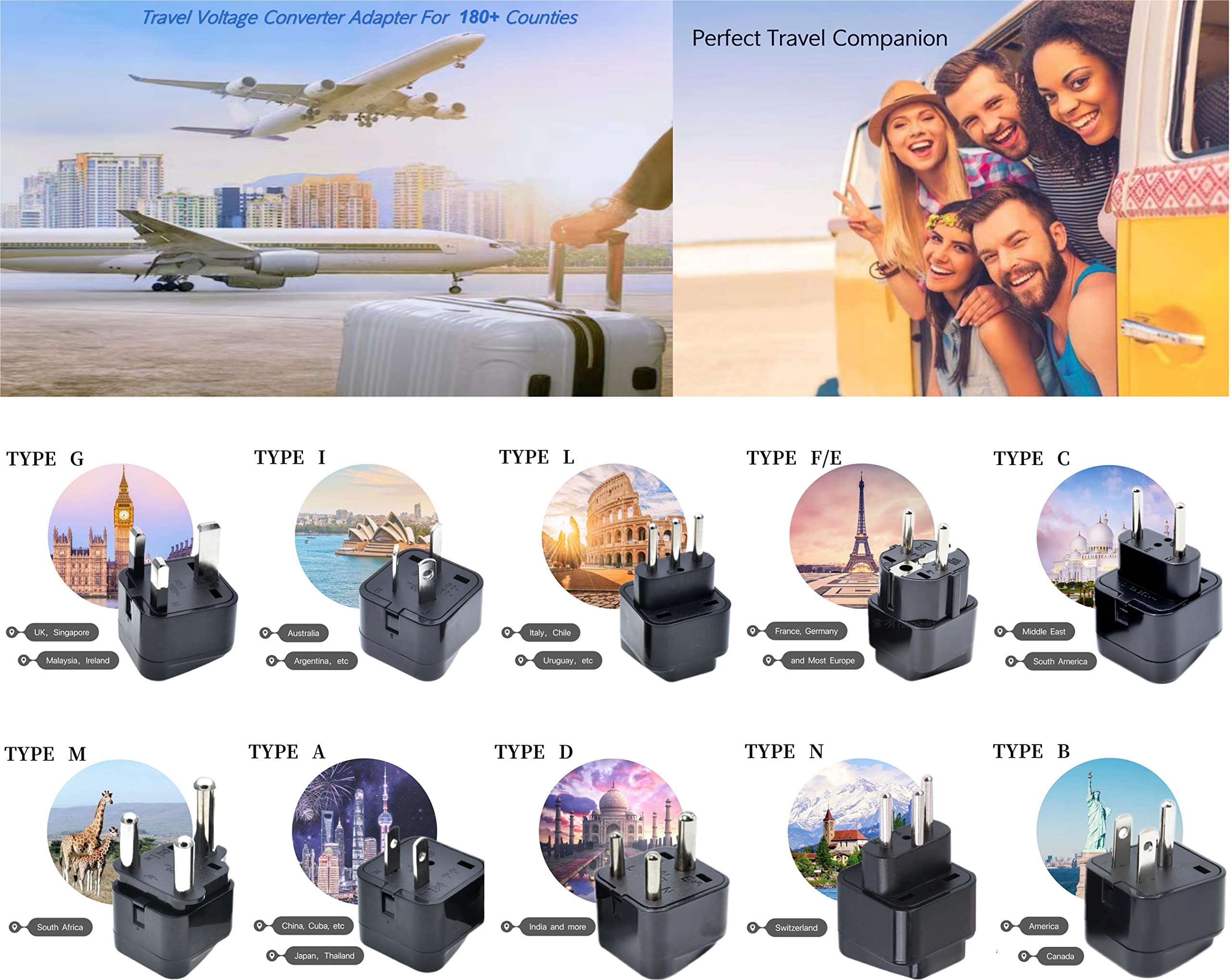 10PCS Universal Plug Travel Adapter International Adapter Plug Set Travel Adapter for World Wide International Travel