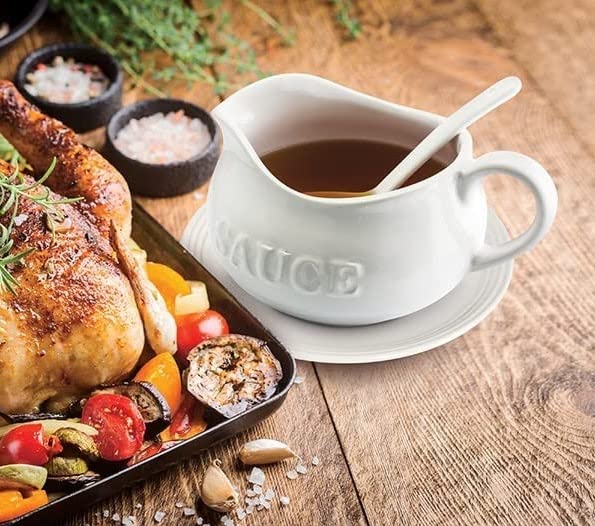 24 Oz Gravy Boat, Tray and Ladle | Ceramic White Gravy Dish With The Word "Sauce" On It