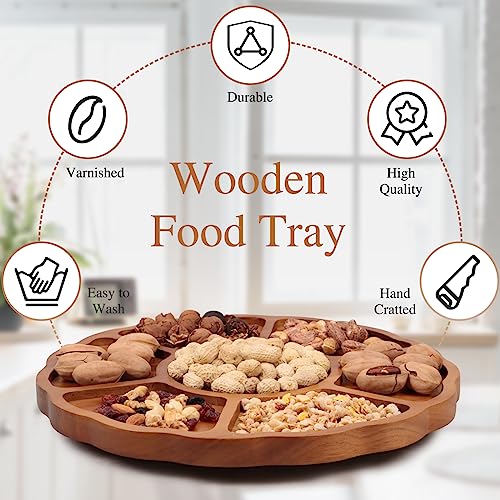 13β Lazy Susan Acacia Wood Serving Tray 7-Compartment Multipurpose Round Tray for Serving Food,Round Platters for Organization,Pantry,Kitchen