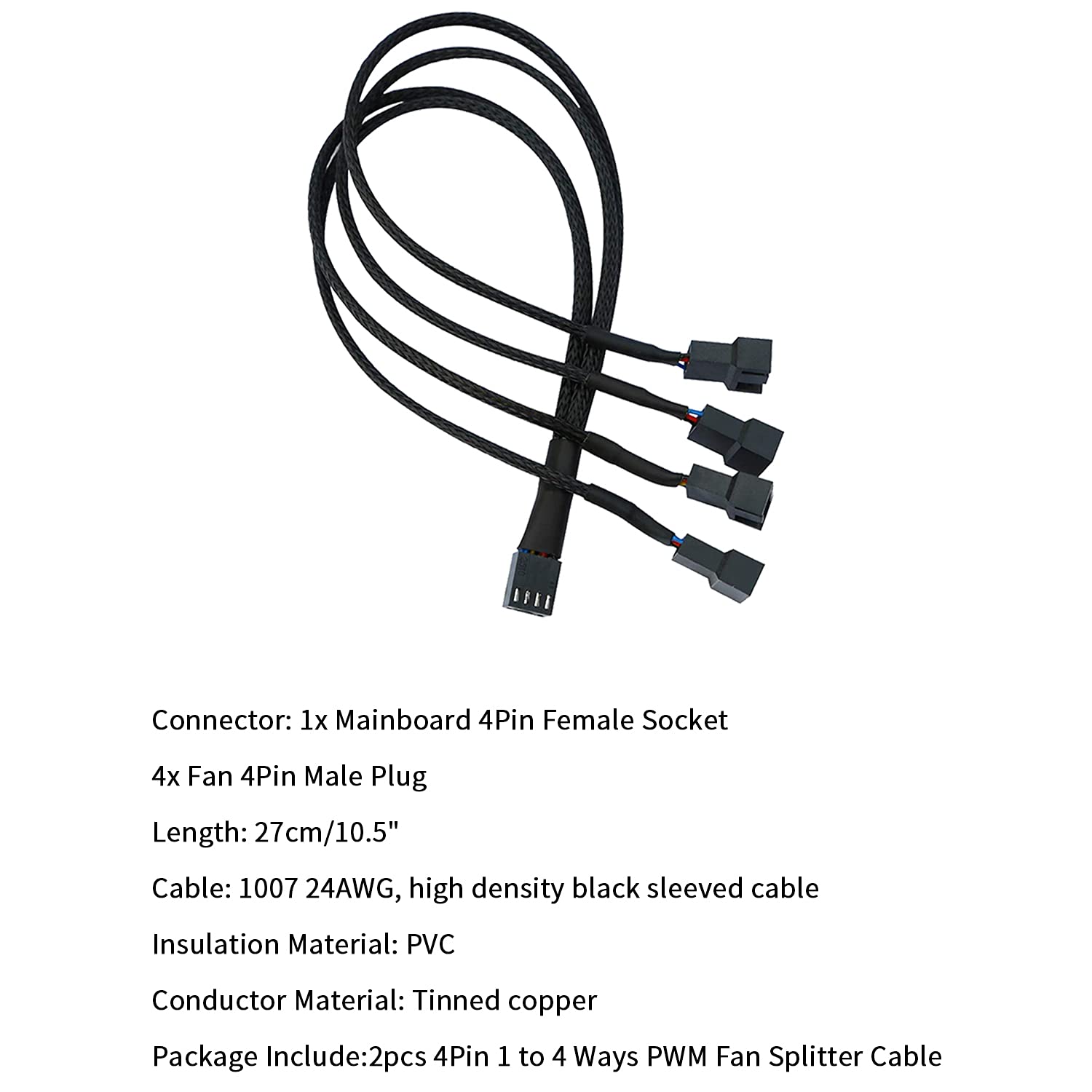 novonest PWM Fan Splitter, 1 to 4 Cable Sleeved Braided Y Splitter,Fan Extension Cable(2 Packs) with 4-pin Adapter, Suitable for All 3-pin and 4-pin Pc Fans,FH-4