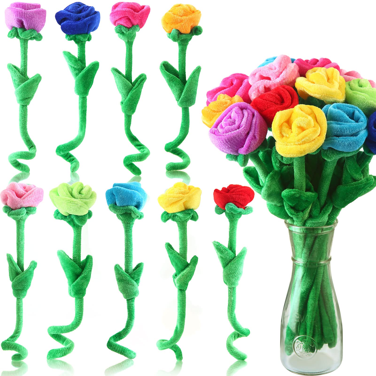 18 Pcs Plush Rose Flower Stuffed Rose Flower Bendable Stems Plush Bouquet Toy Soft Rose Flower 12.6 Inch for Graduation 2024 Mother's Day Valentines Day Girl Girlfriend Wife(18 Pcs Colorful Series)
