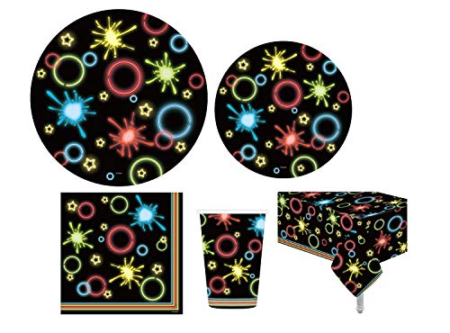 Serves 30 Complete Party Pack Neon Glow Party Supplies 9" Dinner Paper Plates 7" Dessert Paper Plates 9 oz Cups 3 Ply Napkins 1 Table Cover Size: 54" x 108" Neon Glow Party Theme