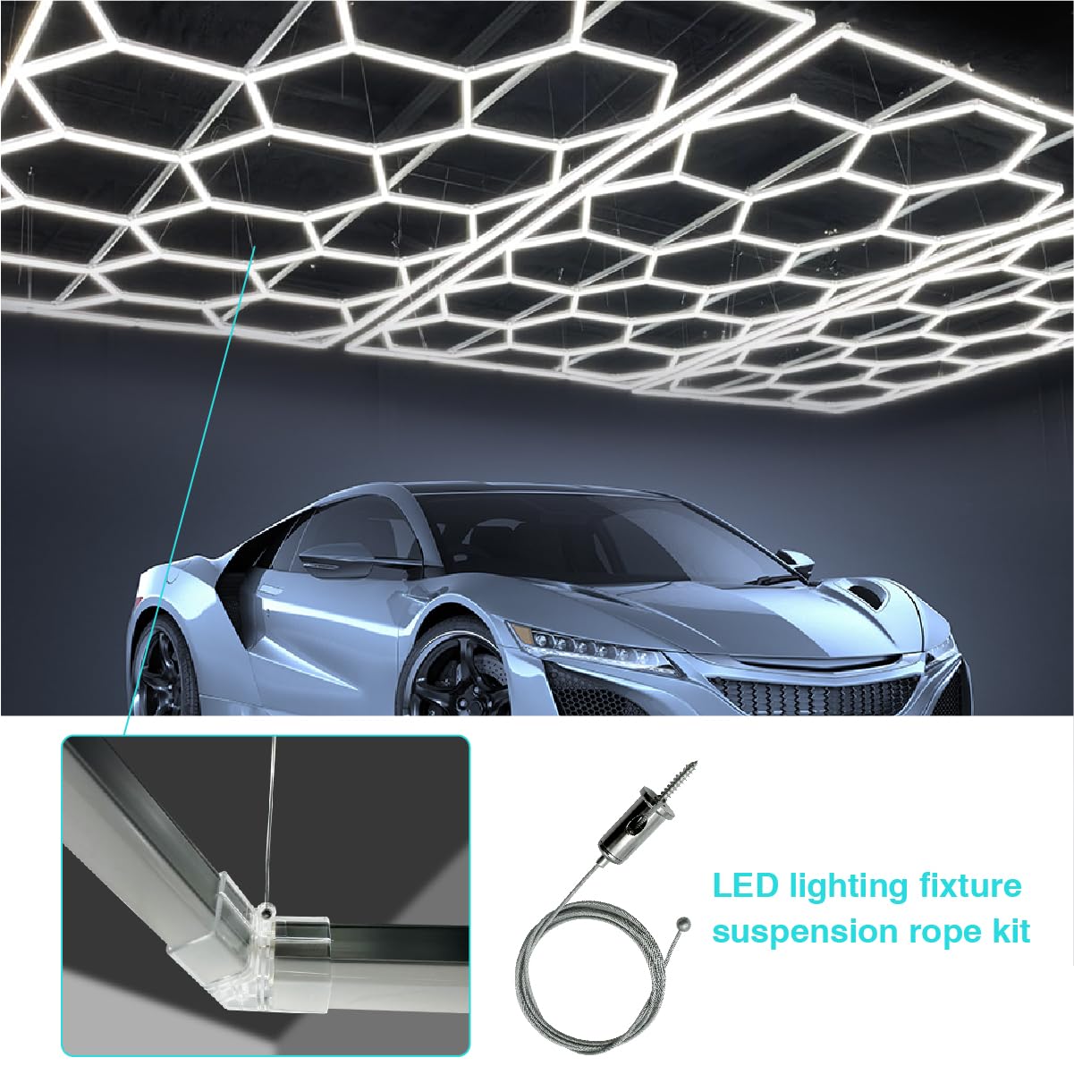 12 Sets Hexagon Garage Light Suspension Cables Kit Steel Hanging Chains 3.28ft, Hex Honeycomb Light Connectors Pendant Light Wire Rope Cable Heavy Duty Chandelier Wire Adjustable (1m 12pcs)
