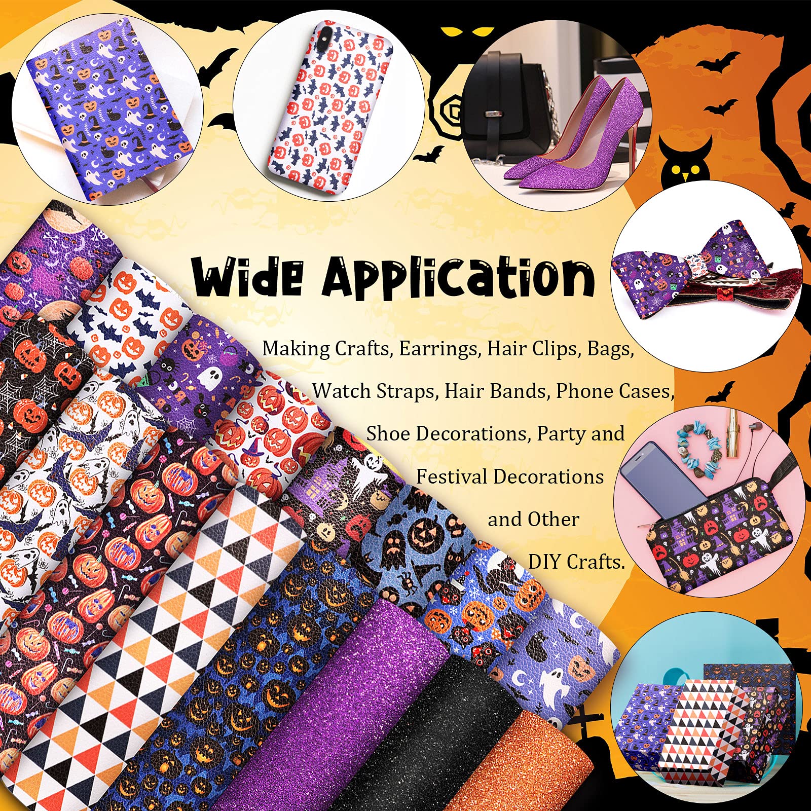 16 Pieces Halloween Faux Leather Sheets Pumpkin Printed Leather Fabric Sheets Ghost Spider Bat Faux Leather Fabric Glitter Sequin Synthetic Leather Sheet, 8.3 x 6.3 Inch for Halloween DIY Craft Decor
