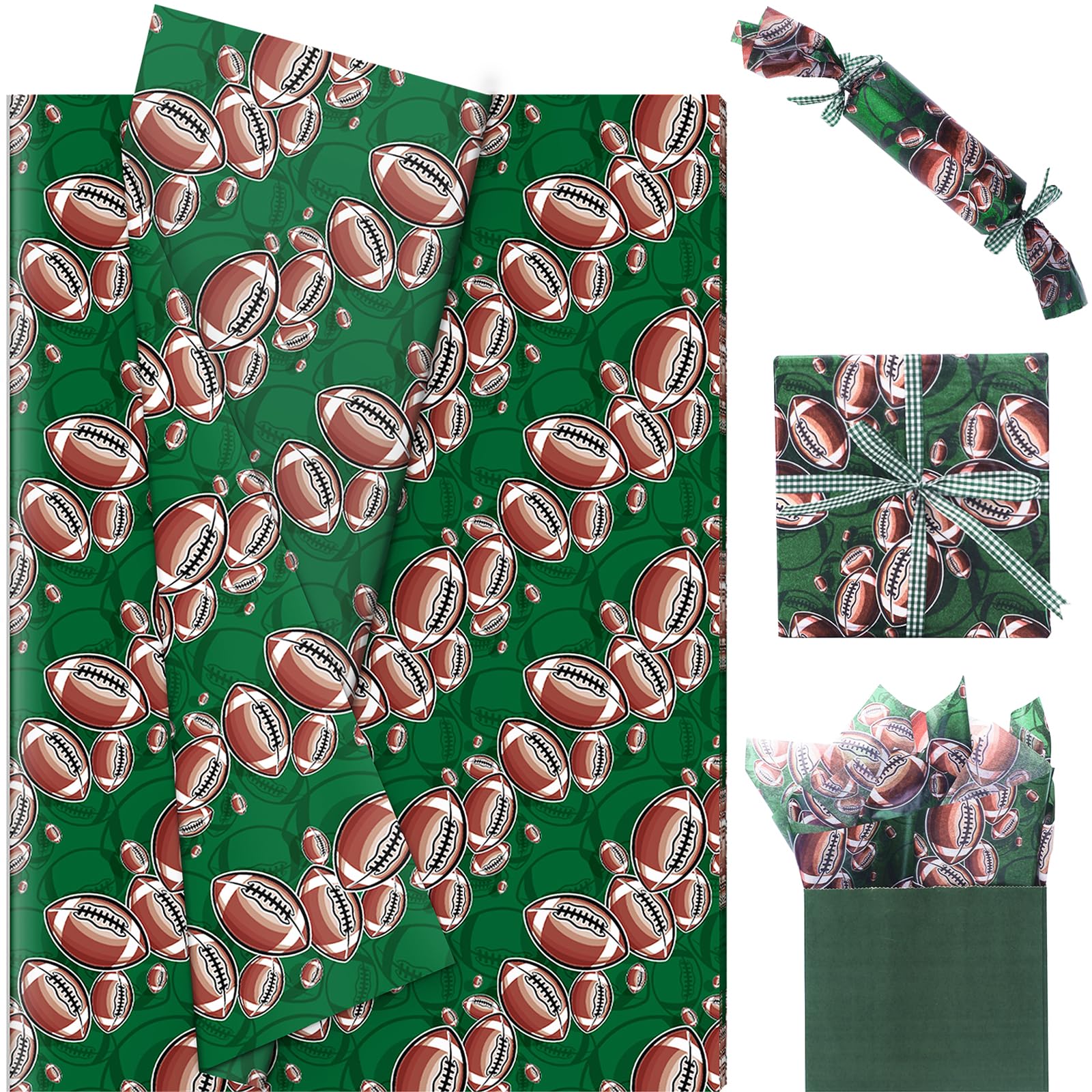 100 Sheets Football Pattern Tissue Paper, 20x14in Green Brown Football Art Tissue Paper for Sports Themed Party Gift Wrapping Thanksgiving Day Party Decor Gift Bag Fillers