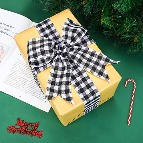 2 Rolls Wired Edge Ribbons Buffalo Plaid Burlap Ribbon Farmhouse DIY Gift Wrapping Crafts for Christmas Bow Wreath Tree Decoration (White Black Plaid, 2.5 Inch Wide, 472 Inch)