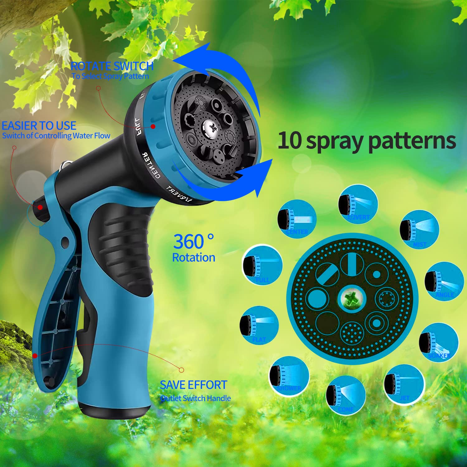 100 ft Heavy Duty Hybrid Garden Hose β Flexible & Lightweight Outdoor Water Hoses 5/8-In with 10 Pattern Spray Nozzle,Burst 600 psi, Kink-less Rubber Hose Car Washing Pipe, 3/4'' Solid Brass Fittings