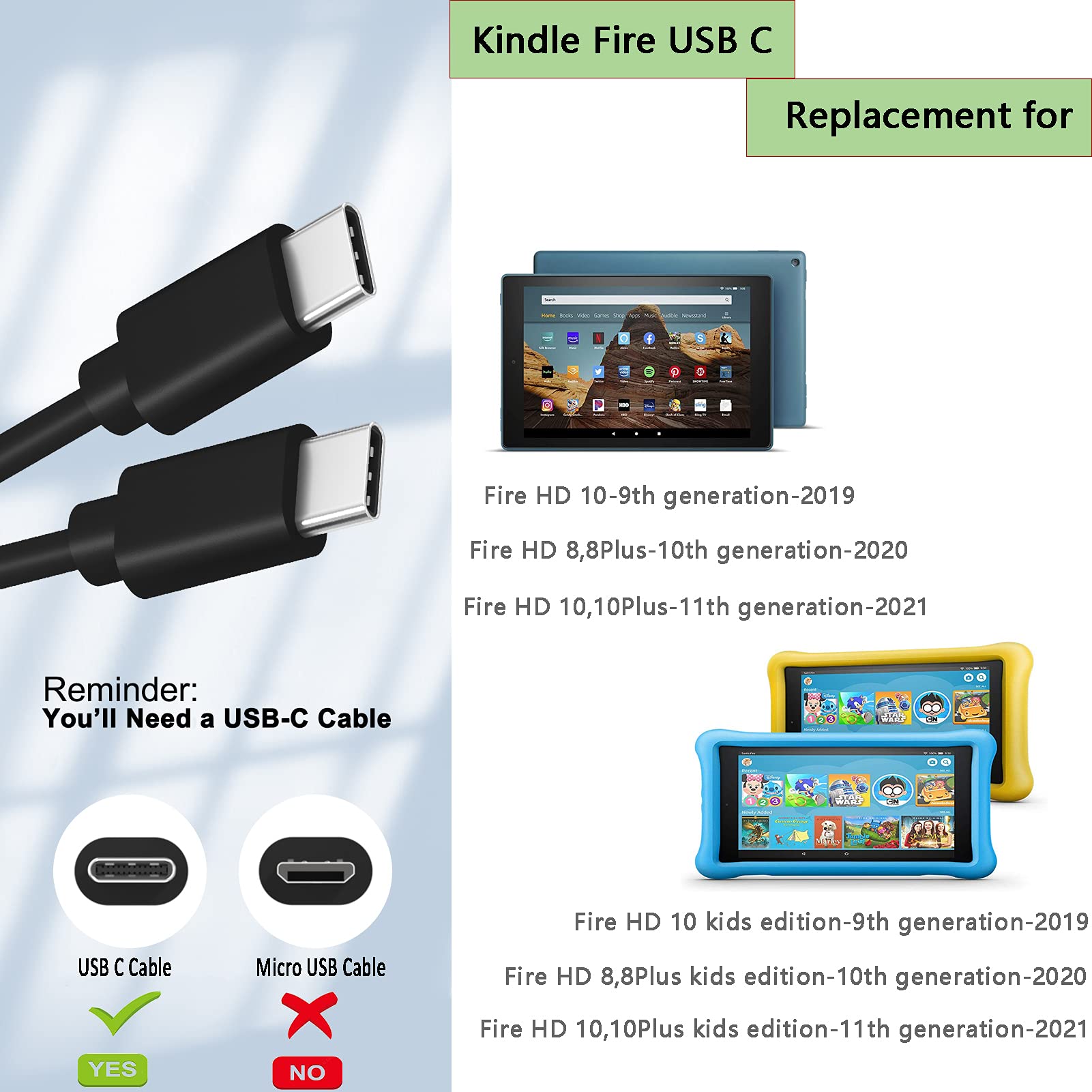 2Pack-USB C 3A 6.5Ft Fast Charger Cable for Charging New Fire HD10-11th Generation 2021 Kids Edition,Fire HD10 Plus,Fire HD10-9th Gen 2019 Kids Edition