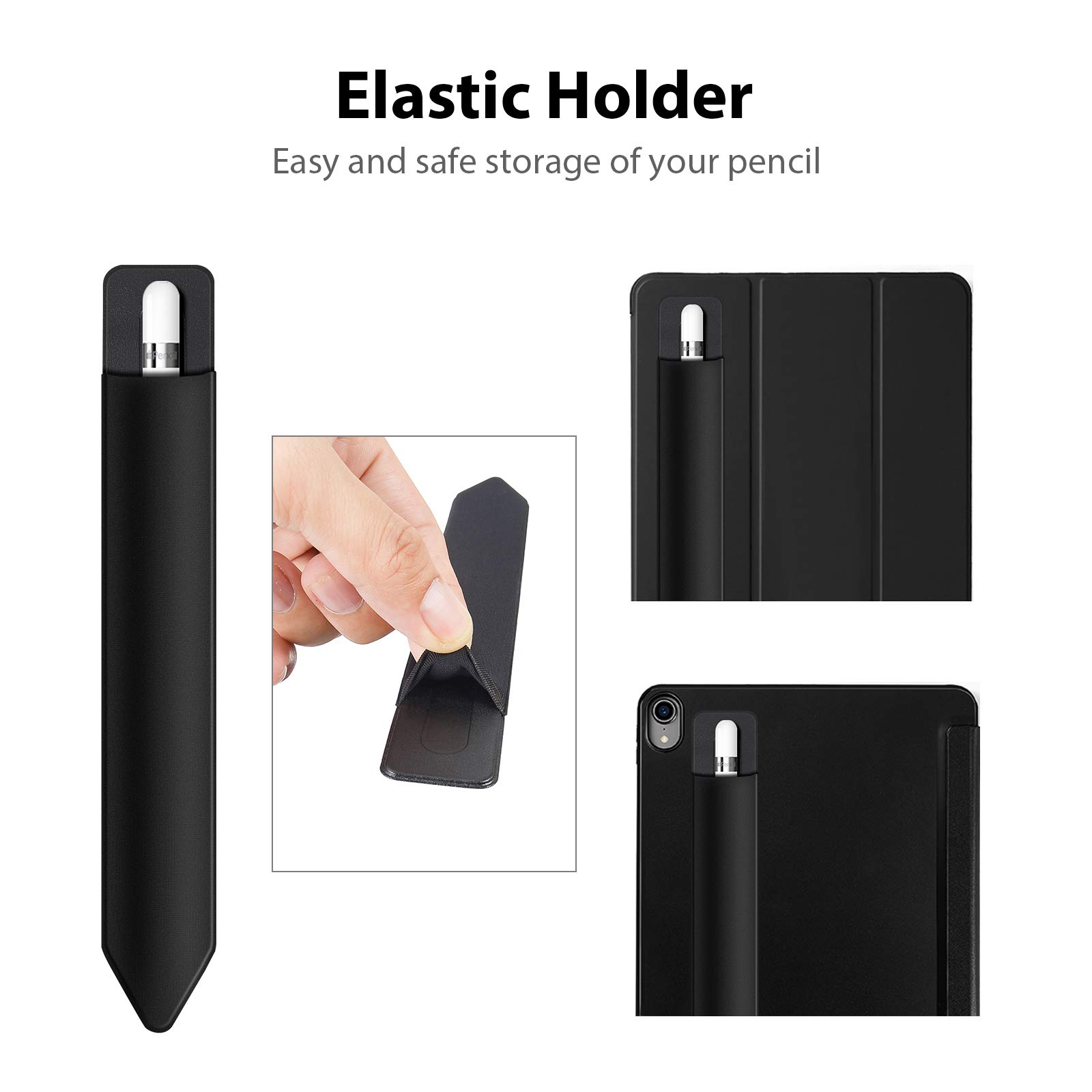 Doormoon Pencil Holder for iPad 2018 (6th Gen)/ iPad Air/ 9.7 / Pro 10.5"/12.9", Detachable Elastic Apple Pencil 2nd Gen Leather Sleeve Pocket Pouch (Black x 2)
