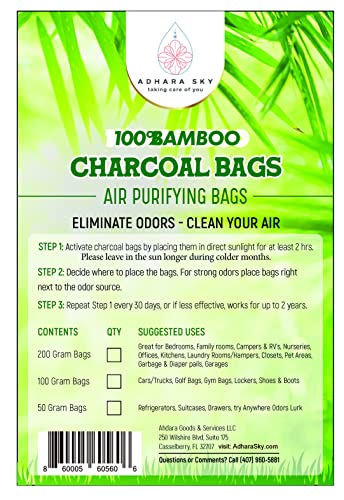 Adhara Sky 12 Pack Bamboo Charcoal Air Purifying Bag, Activated charcoal Bags Odor Absorber, Odor Eliminator for Home, Car, Office, Closet & House Deodorizer (6X200g,2X100g,4X50g,6 Hooks & Strings)