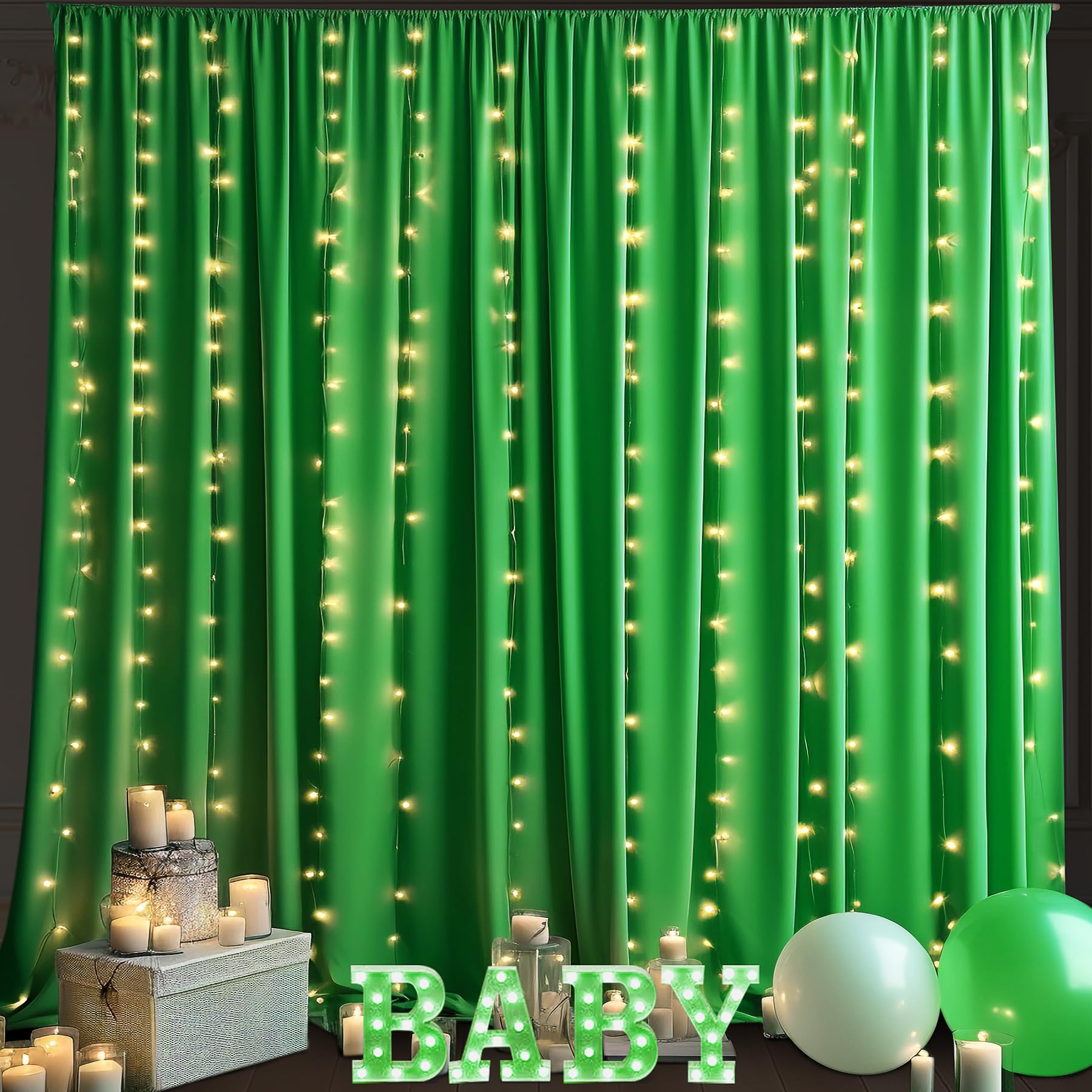 10x10 Green Backdrop Curtain for Parties Baby Shower Wrinkle Free Green Photo Curtains Backdrop Drapes Fabric Decoration for Birthday Party 5ft x 10ft,2 Panels