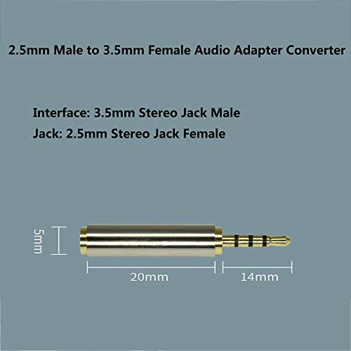 2.5mm Male to 3.5mm Female Audio Adapter Gold Plated Aux Auxiliary Plug Splitter 3 Ring Jack Support Converter Headphone Earphone Headset Stereo or Mono(2 Pack)