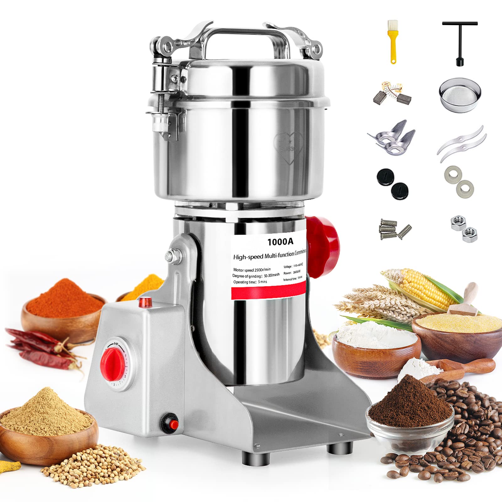1000g Electric Grain Mill Grinder 2800W High Speed Powder Grinder Machine Stainless Steel Commercial Pulverizer Grinding Machine for Kitchen Pepper Coffee Corn