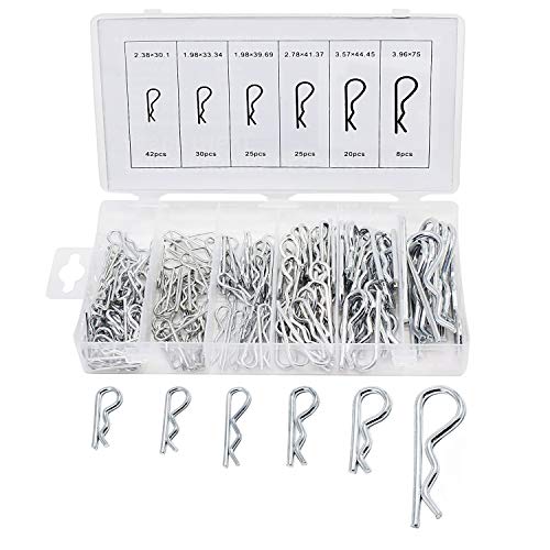 150Pcs Hitch Pin Clips R Type Cotter Pin, Silver, Each Box Contains 6 Different Sizes, Transparent Plastic Box Packaging Hair Clip Fastener Pin Assortment Kit,for Tow Tractor Light Truck Lawn Mower