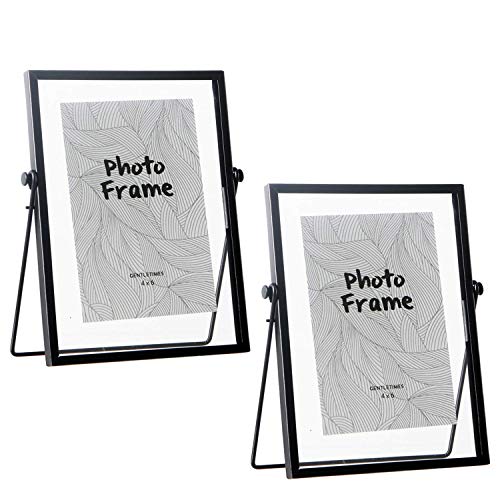 XIAOHONG 2 Pack 4x6 Metal Floating Glass Picture Frame with Metal Easel (Vertical), Simple Metal Geometric Picture Frame for Photos, Art, Tabletop Display (Black)