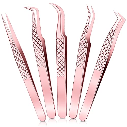 5 Pieces Eyelash Extension Tweezers Set Straight and Curved Tip False Lash Tweezers Eyelash Volume Tweezers Stainless Steel Precision Tweezers for Eyelash Extension (Rose Gold)