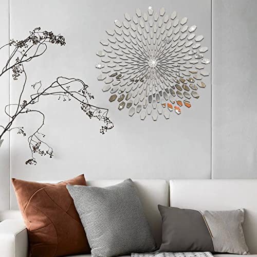 3D Sun Flower Mirror Wall Stickers Acrylic Mirror Wall Decals DIY Removable Sun Pattern Modern Mirror Surface Wall Decor for Bedroom Living Room Office TV Background Home Decoration Silver