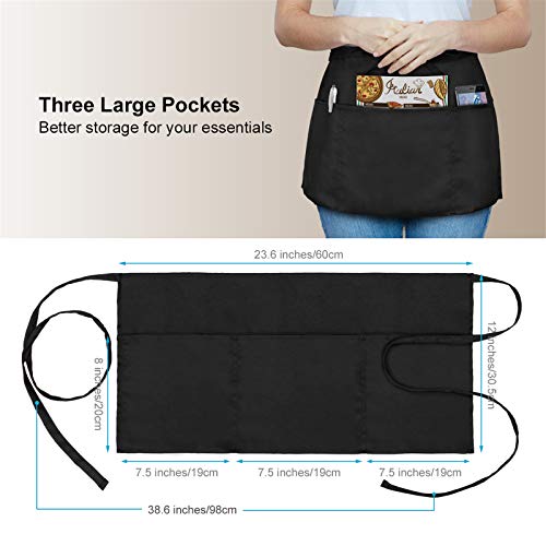 2 Pack Waitress Apron - Server Aprons with 3 Pockets - Water & Oil Resistant Waist Apron with Pockets - Black Aprons For Servers - Half Aprons For Women With Pockets - 12 Inch