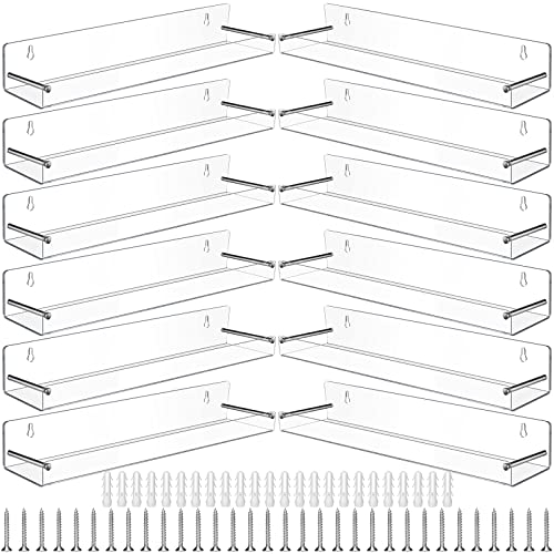 12 Pieces Clear Acrylic Shelf 15 Inch Acrylic Floating Shelves Invisible Ledge Wall Bookshelf for Kids Wall Mounted 3 mm Thick Bathroom Shelves for Office Bedroom Bathroom Kitchen