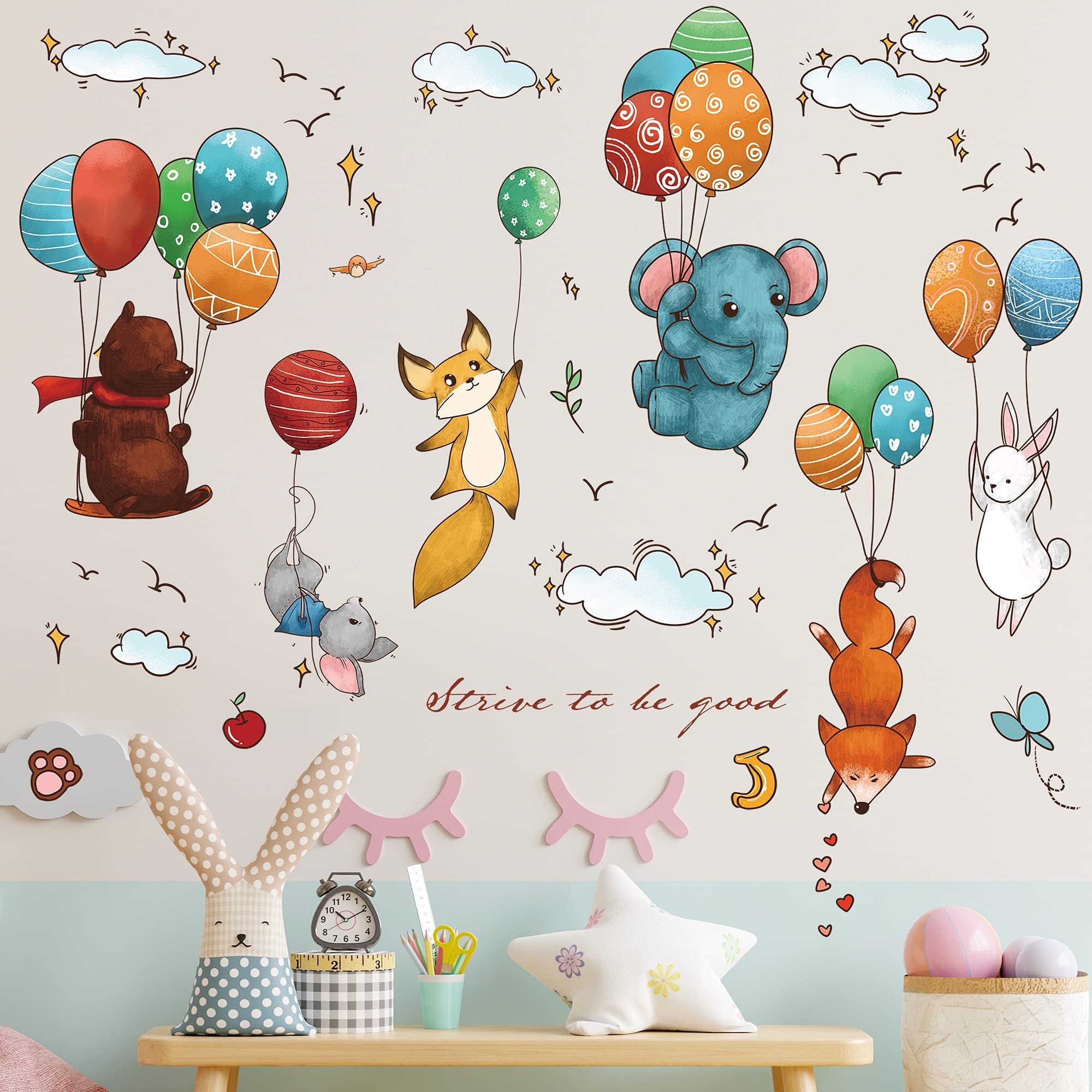 RAINBOW WSK Animals Balloons Wall Decals Elephant Rabbit Fox Bear Clouds Wall Stickers Woodland Jungle Animals Wall Decals Peel and Stick Vinyl Wall Mural Kids Bedroom Nursery Classroom Wall Decor