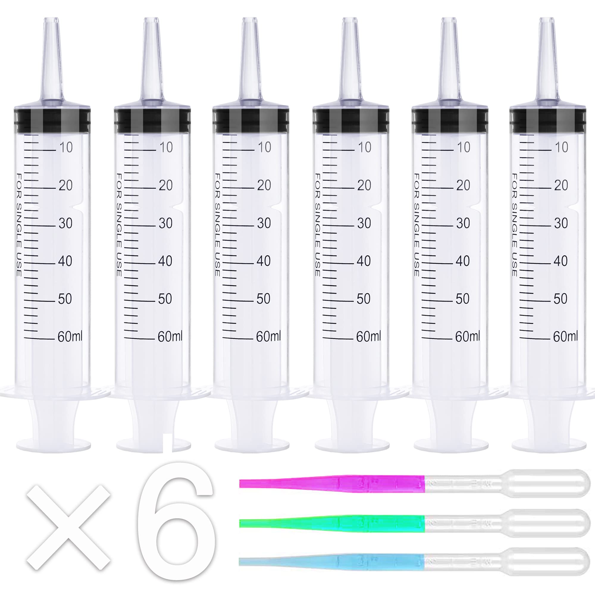 6Pack 60ml Syringe for Liquid - Large Plastic Syringes Without Needle for Jello Shots Food Thick Liquids and Irrigation Water, Lip Gloss Filling, Feeding Dogs Meds, Measuring ( 6 Pack 60 ml / cc )