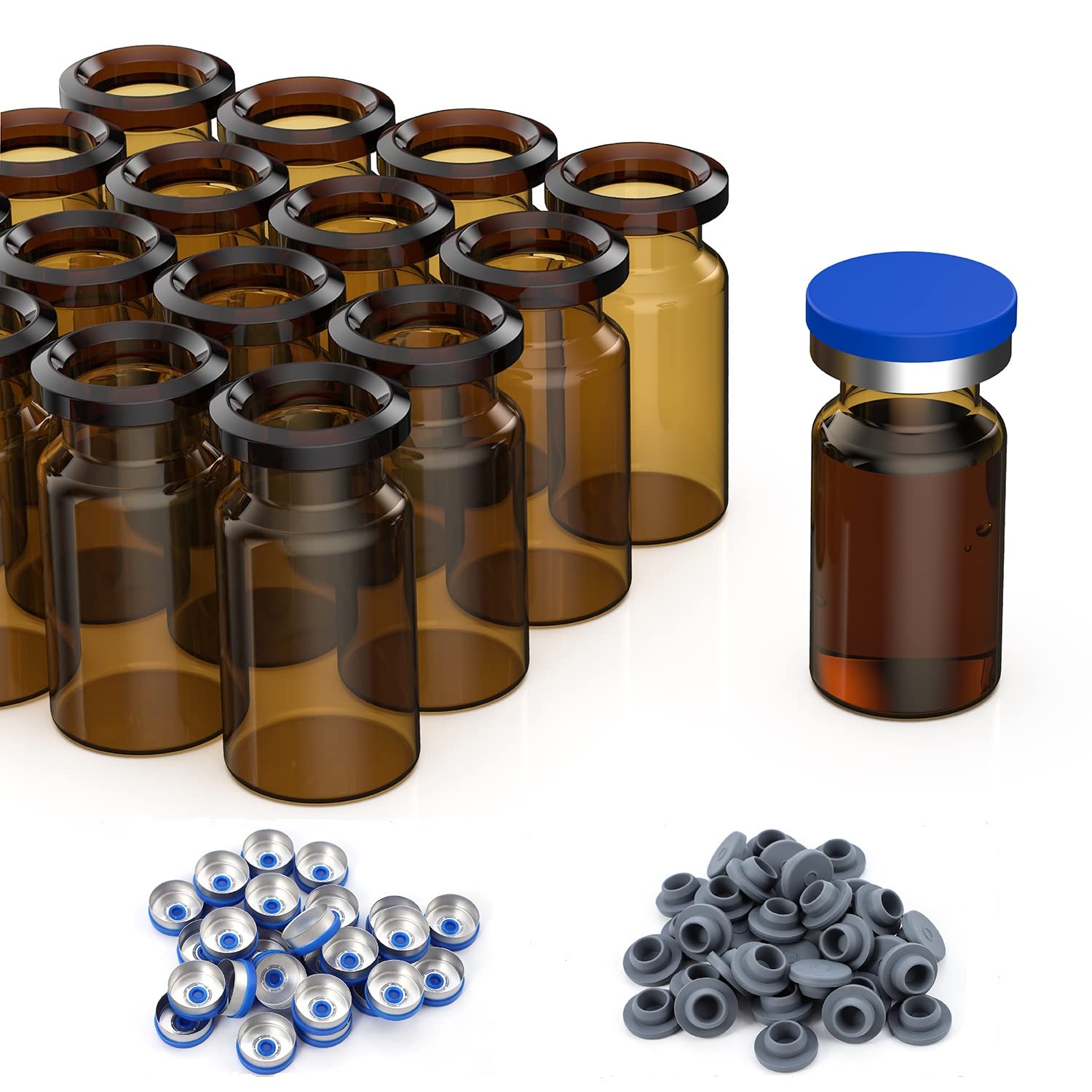 100 Pack 10ml Glass Vials, Clear Glass Headspace Vials with Plastic-Aluminum Flip Off Caps and Rubber Stoppers, 20mm Transparent Flat Bottom Lab Crimp Top Vial for Injection