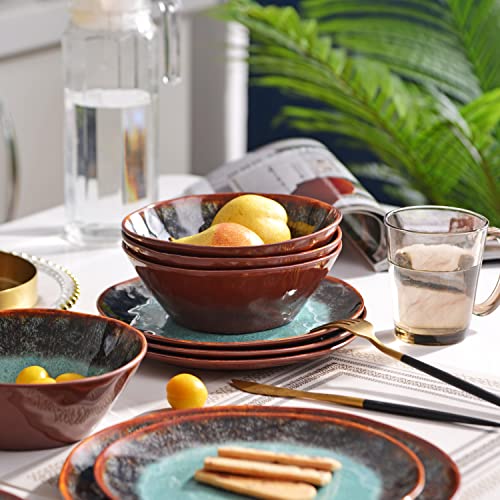 Gufaith Melamine Dinnerware Sets 12 Pcs, Plates and Bowls Sets for 4, Camping Plates, Unbreakable Dinnerware Set, Melamine Plates, Lightweight, BPA free, Dishwasher Safe, Blue with Brown