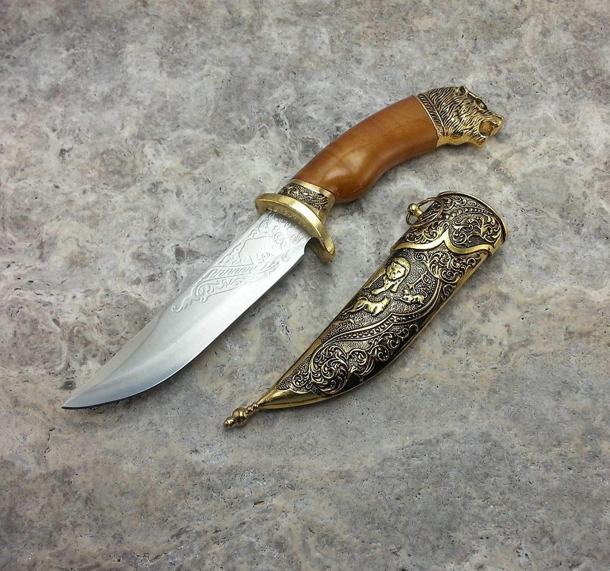 11" Bear Head Golden Fixed Blade Collectors Survival Hunting Knife W/Decorative Sheath by Survival Steel