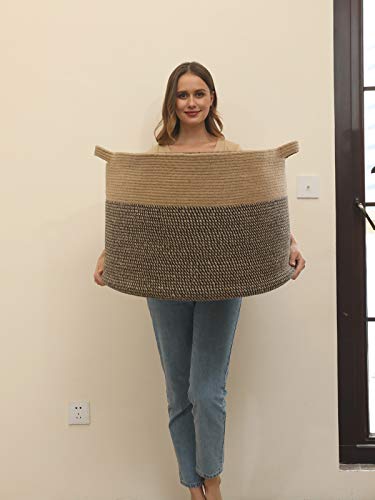 24" x 24" x 17" Max Size Large Cotton Rope Basket, Extra Large Storage Basket, Woven Laundry Hamper, Toy Storage Bin, for Blankets Clothes Toys Pillows in Living Room, Baby Nursery, Jute/Black Mix