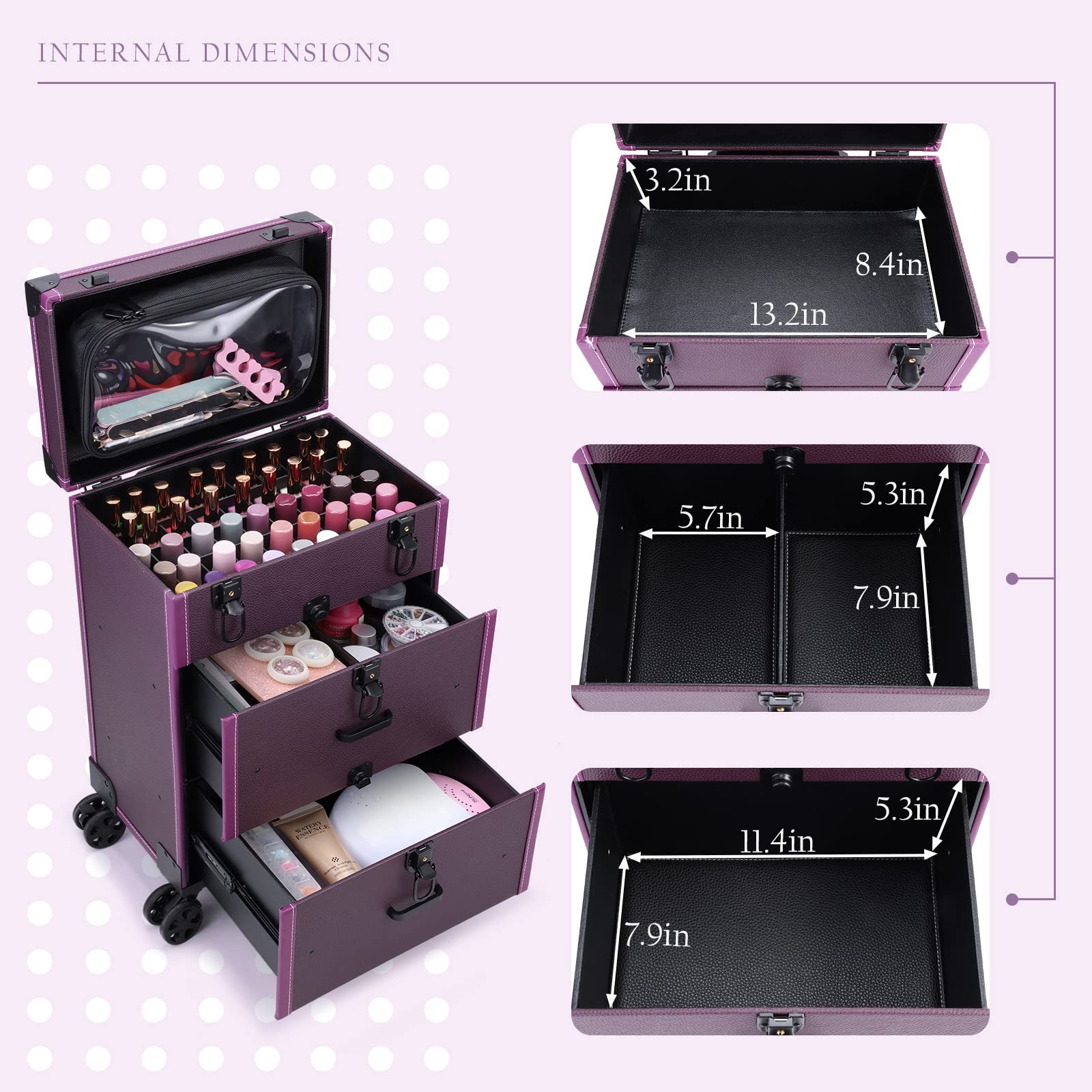 FRENESSA Rolling Nail Case Wheeled Manicure Storage Case Polish Organizer Professional Makeup Trolley for Studio or Travelling Nail Technician Artists Cosmetologist Stylist - Purple Vegan Leather