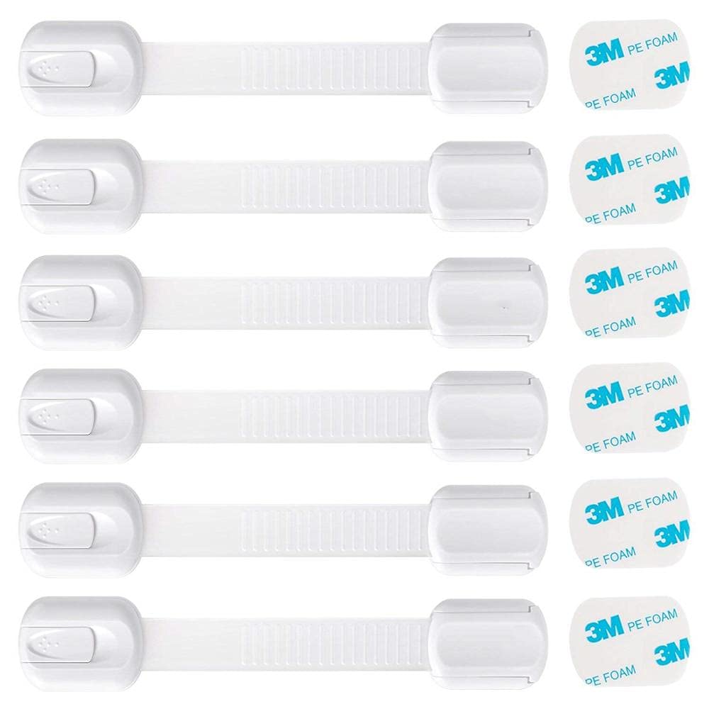 12 Pack Multi-Use Adhesive Straps Locks - Childproofing Baby Proofing Cabinet Latches for Drawers, Fridge, Dishwasher, Toilet Seat, Cupboard, Oven,Trash Can, No Drilling (White) (12)