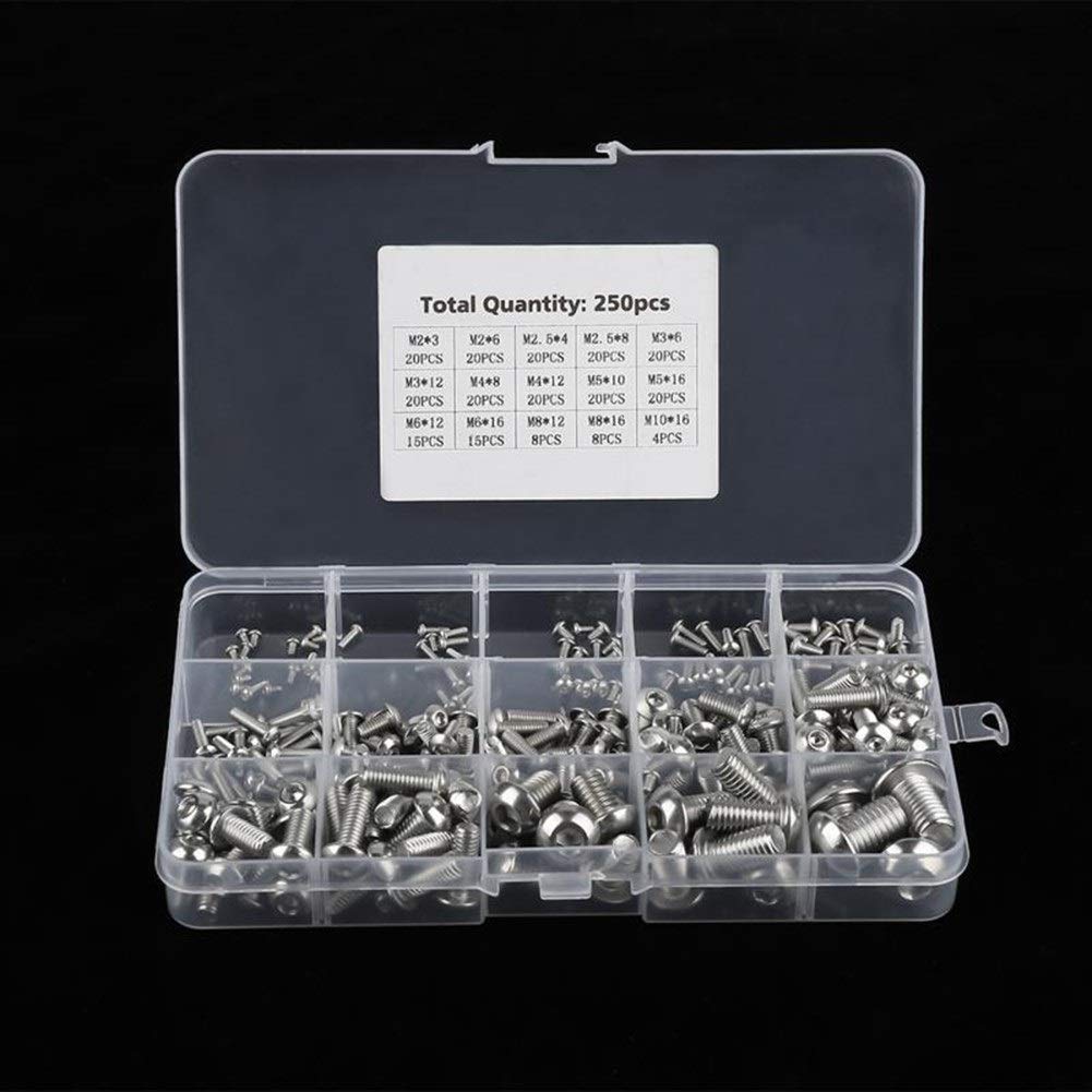 250pcs M2-M10 Machine Screws Stainless Steel Hex Socket Round Pan Head Screws for Laptop/Keyboard/Phone/PC Fastener Repair Tool DUOER