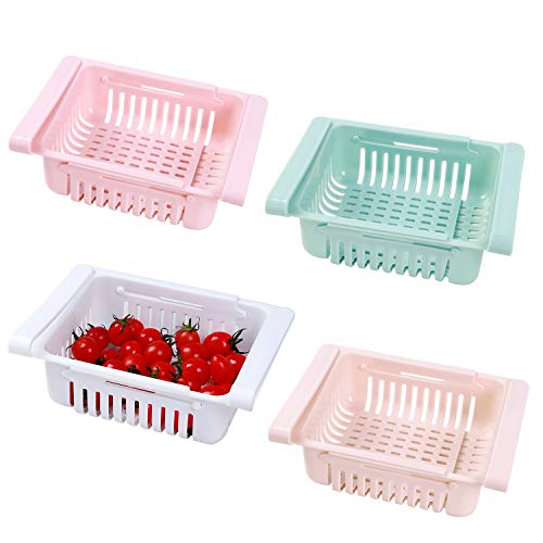 4PCS Fridge Drawer Organizer, Retractable Pull-Out Fridge Shelf Holder Storage Box Home Kitchen Space Saver Under Shelf Fridge Organizer Box for Fridge Shelf Under 0.5"