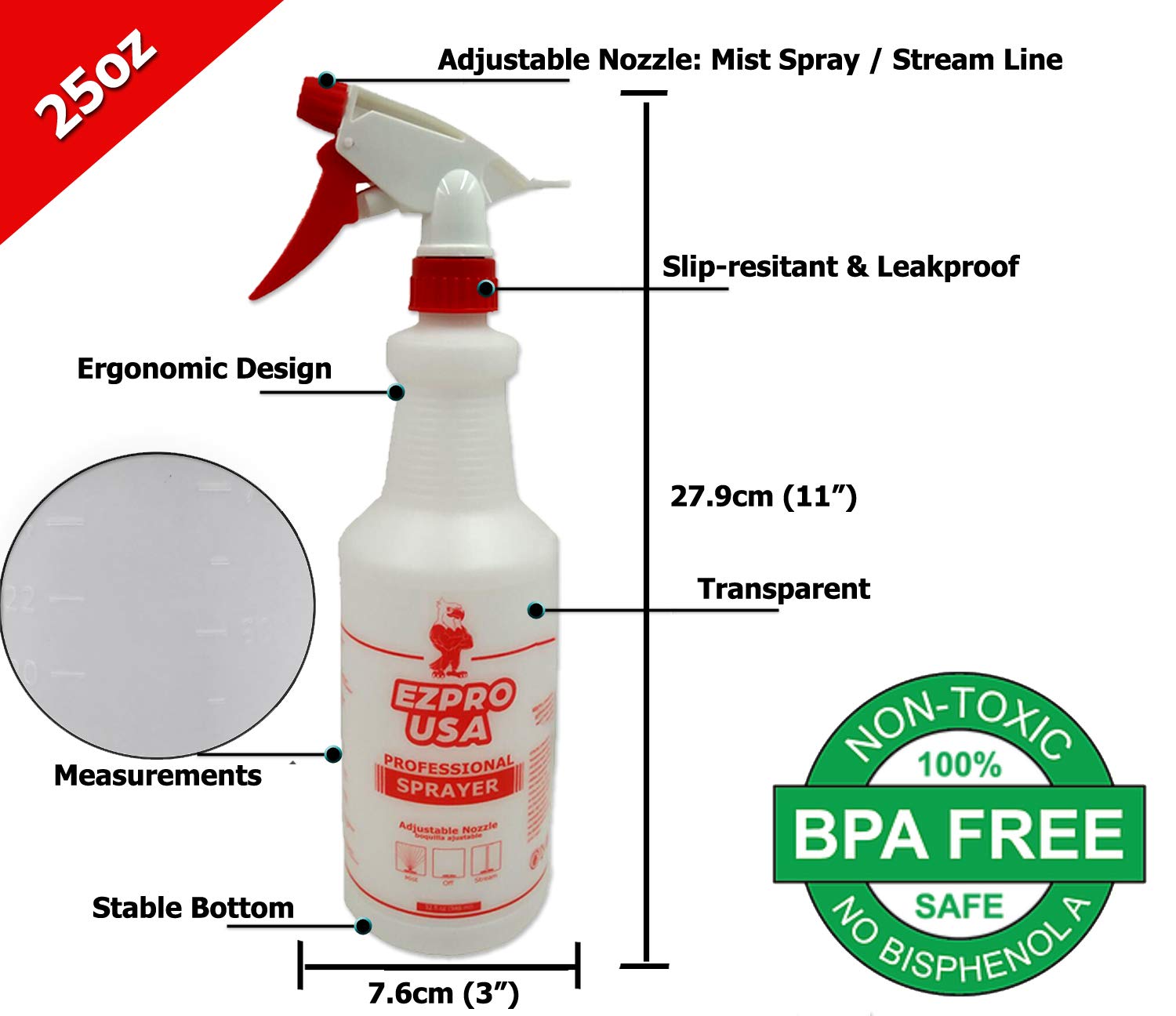 EZPRO USA 24 oz Empty Spray Bottles for Cleaning Solutions, Spray bottle 24oz, Professional Industrial Commercial with Measurements Mist Line Sprayer, Transparent, Pack of 3