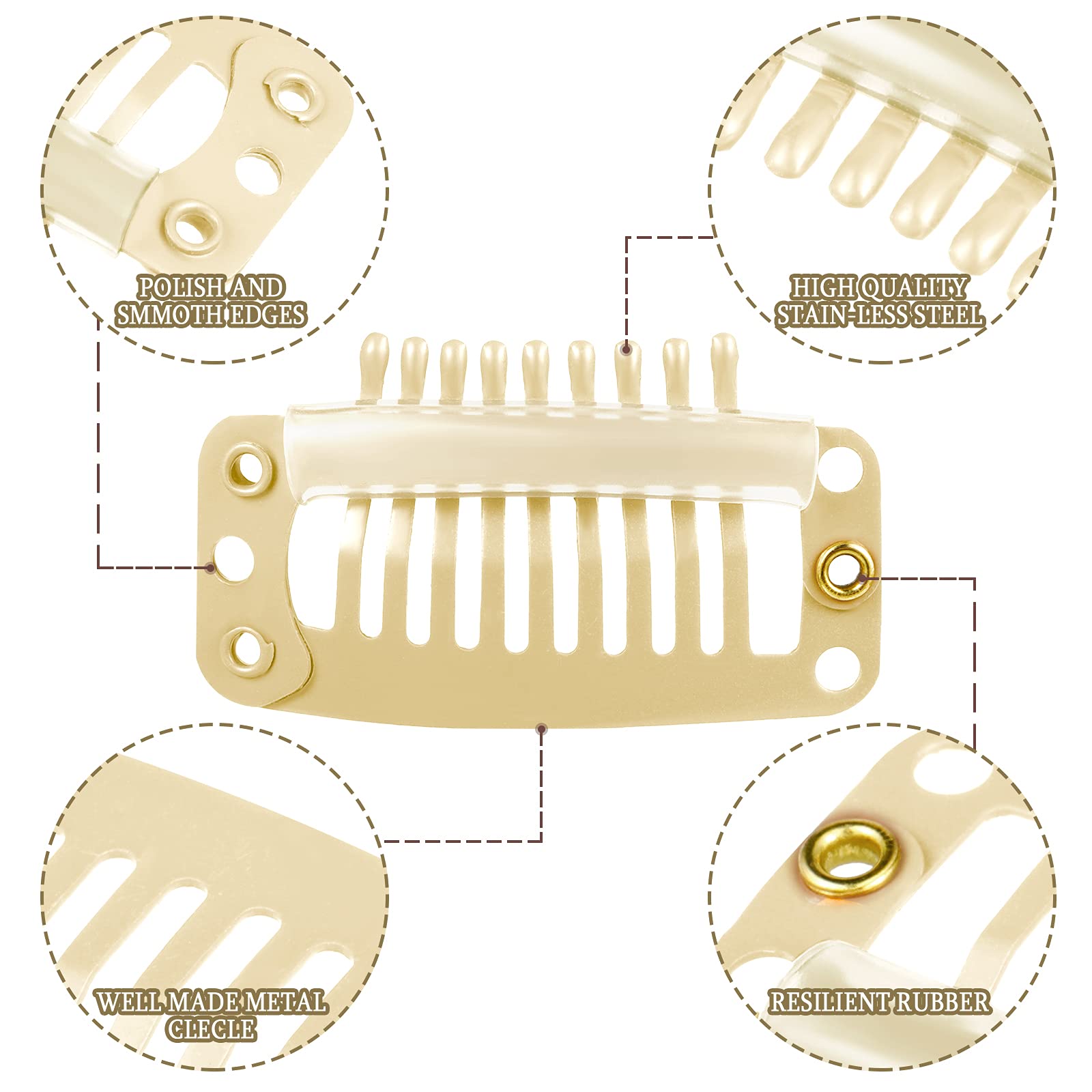 32 mm 9-Teeth Snap Clips for Women's Hair Extensions and Wigs - 30 Piece DIY Accessory Kit (Beige)