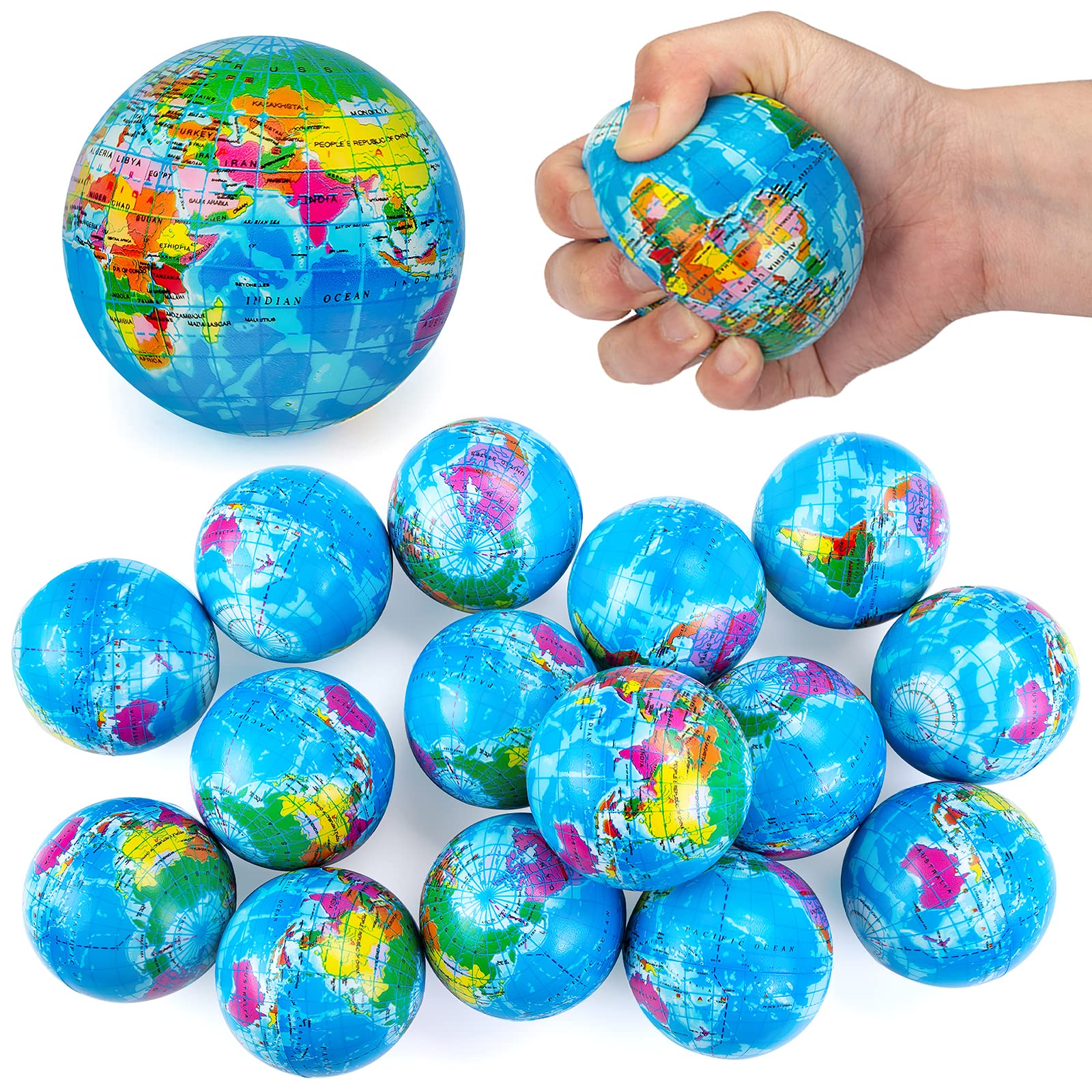 3 otters 15PCS Globe Squeeze Balls, 3 Inch Earth Stress Relief Balls Foam Squeeze Balls Educational Stress Balls for Finger Exercise School Carnival Reward Party Bag Gift