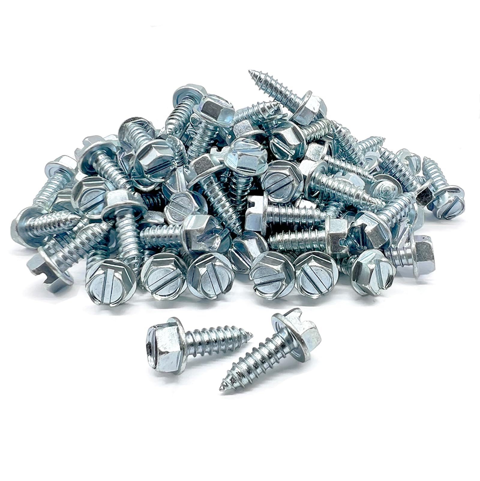 100 Pack License Plate Screws for Front and Back License Plates and License Plate Frames and Covers on Cars, Trucks, SUVs - Rust Resistant, #14x3/4 Slotted Hex Washer Self Tapping Screws Zinc Clear
